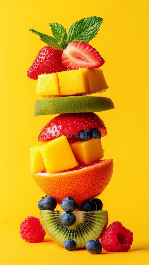 Balanced Fruit Tower on Yellow Background Stock Illustration ...