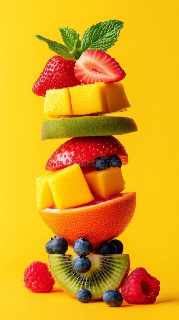 Balanced Fruit Tower on Yellow Background Stock Illustration ...