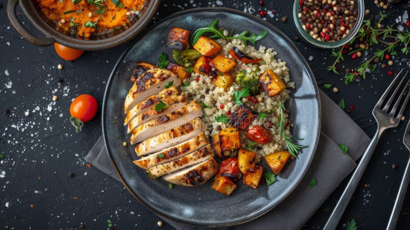 Balanced, High-protein Lunch Plate Featuring Grilled Chicken, Quinoa ...