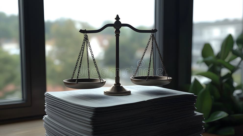 A Balanced Legal Scale Resting on a Stack of Paperwork with a Soft ...