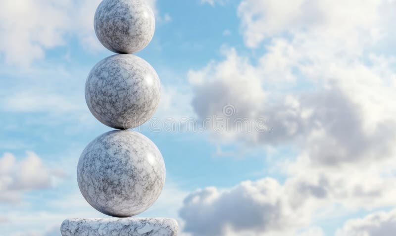 Balanced Marble Spheres Against a Serene Sky with Fluffy Clouds Stock ...