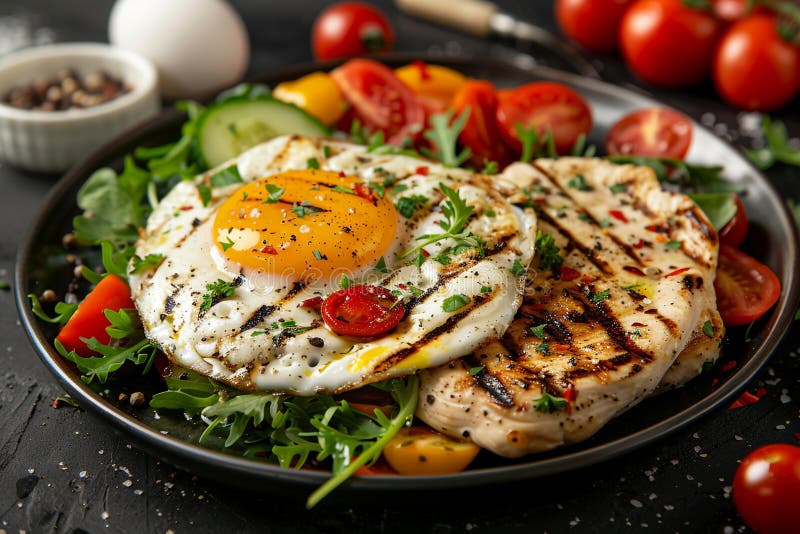 Balanced Meal with Grilled Chicken Eggs and Fresh Vegetables Stock ...