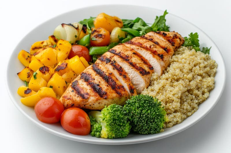 Balanced Meal with Protein, Grains, and Vegetables, Arranged on a White ...