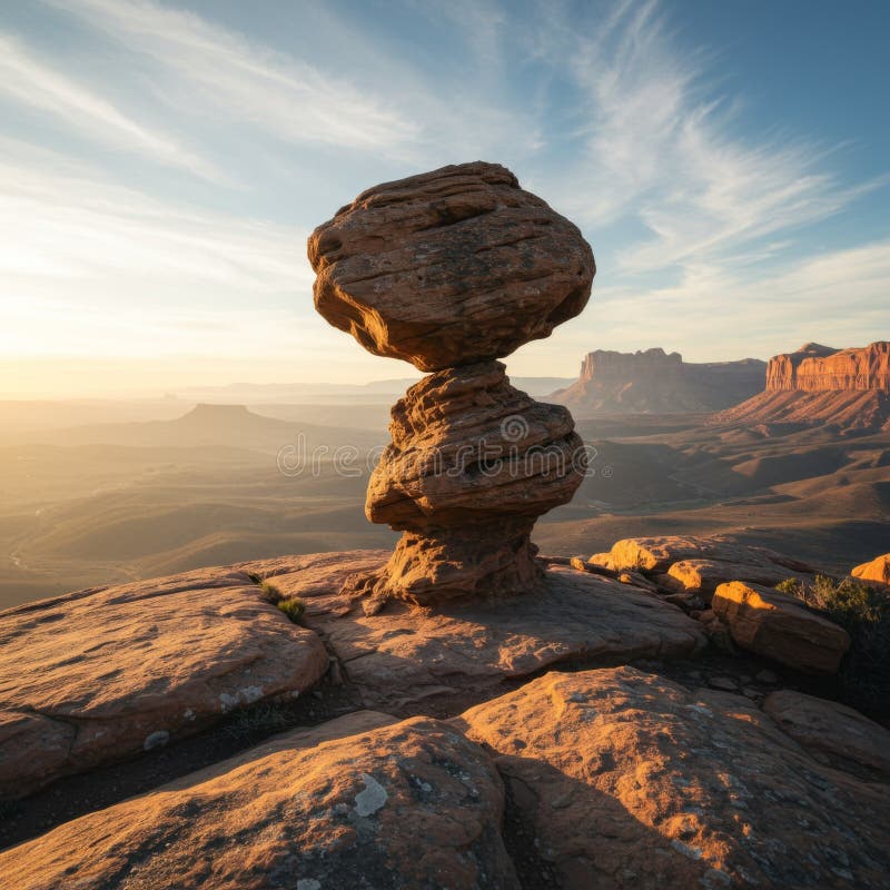 Balanced Rock Formation at Sunrise in a Desert Canyon Stock ...