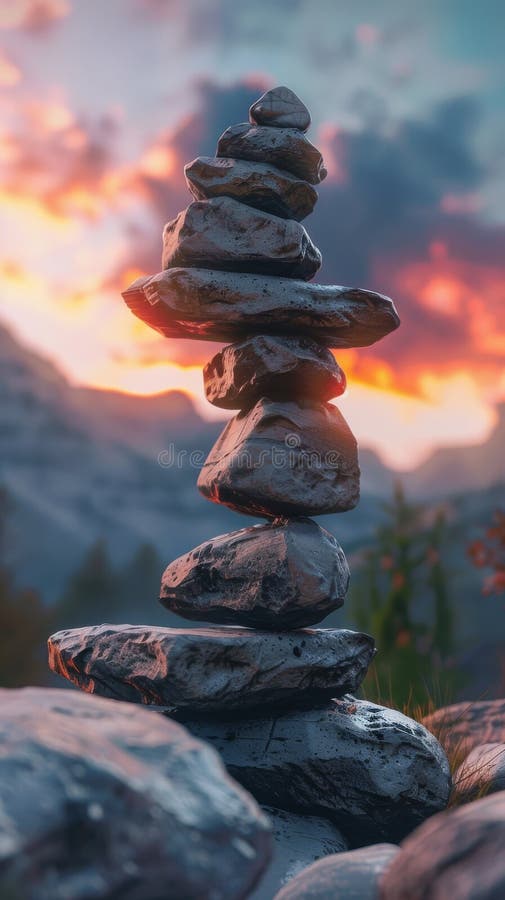 Stack of Balanced Stones on the Beach during Sunset, Tranquility and ...
