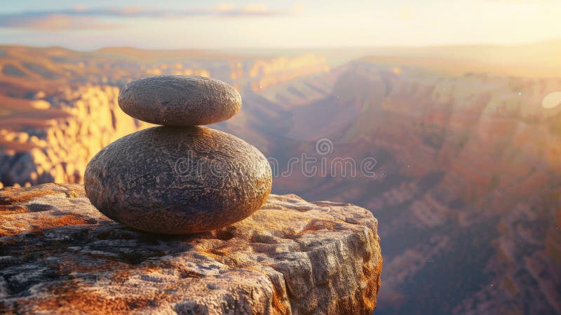 Balanced Rocks on Cliff at Sunset in Serene Landscape Setting Stock Illustration - Illustration ...