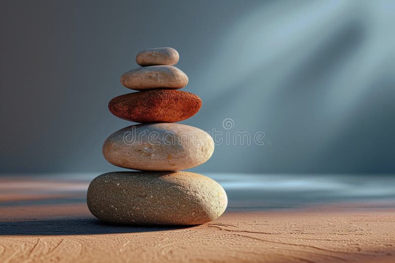 Balanced Rocks Form an Artful Stack Atop a Wooden Table Stock ...