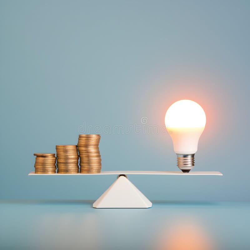Scale with Light Bulb and Coins on Blue Background, Comparing ...