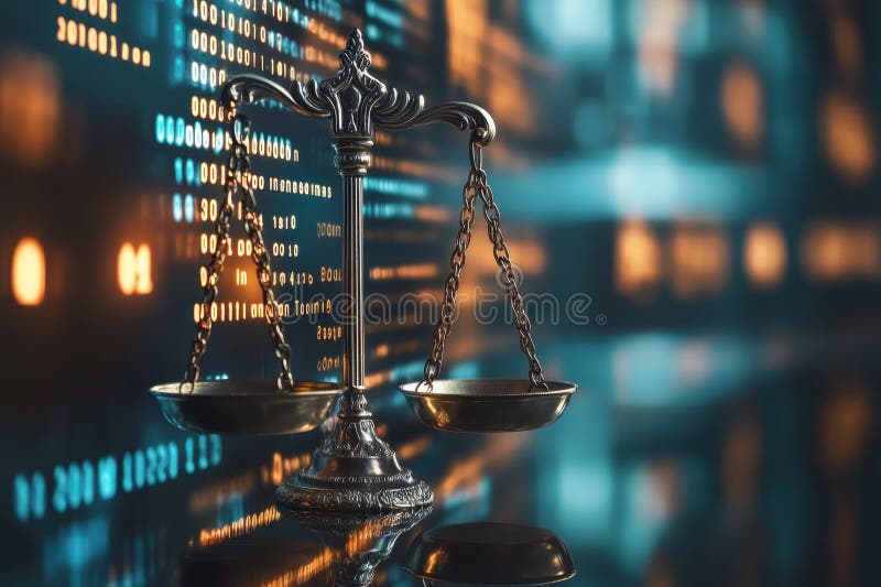 A Close-up View of a Balanced Scale Symbolizing Justice with a Digital ...