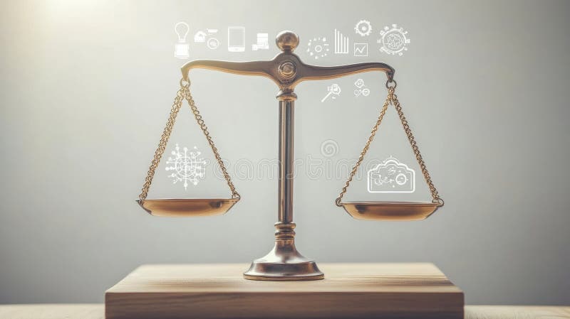 The Balanced Scale Represents Justice while Technology and Data Icons ...