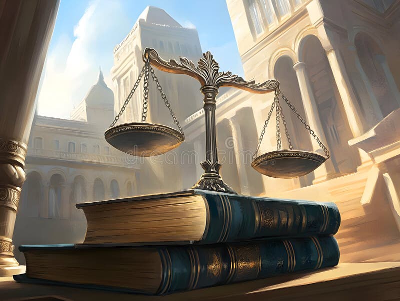 A Balanced Scale Rests on Law Books in a Grand Architectural Setting ...