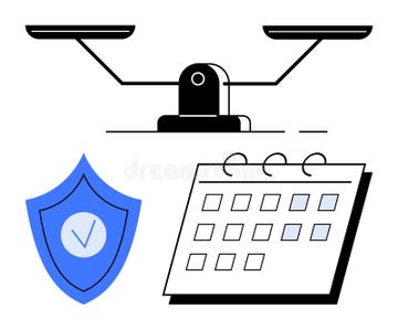 Balanced Scale, Shield Icon with a Checkmark, and a Calendar for Time ...