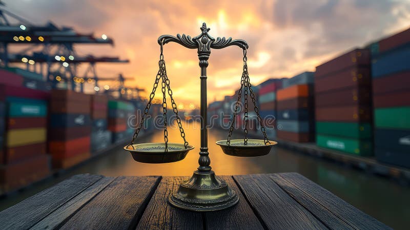 A Balanced Scale Symbolizing Justice Against a Cargo Shipping Backdrop ...