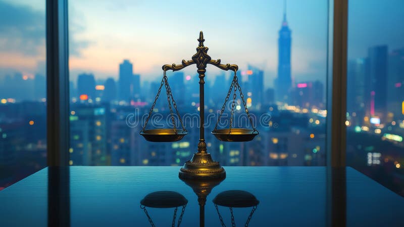Balanced Scales of Justice in an Urban Setting at Dusk with City ...