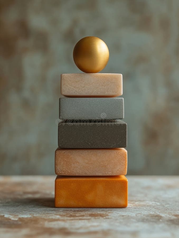 A Balanced Stack of Colored Blocks with a Gold Sphere on Top. Stock ...