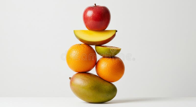 Balanced Stack of Colorful Fresh Fruits on White Background Stock ...