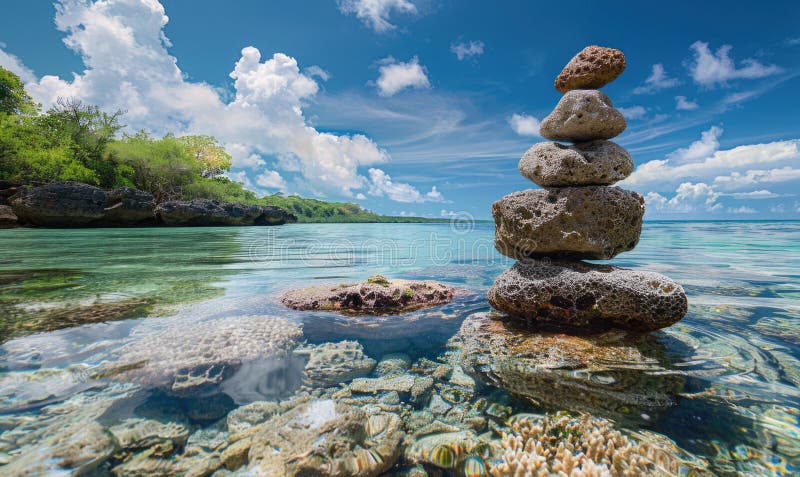 Balanced Stack of Coral Stones in a Tropical Lagoon Stock Image - Image ...