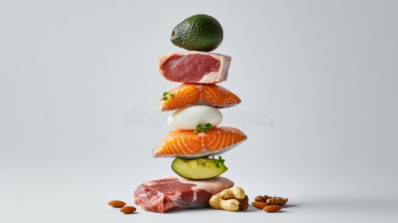 Balanced Stack of Nutritious Foods Including Meat, Fish, and Avocado ...