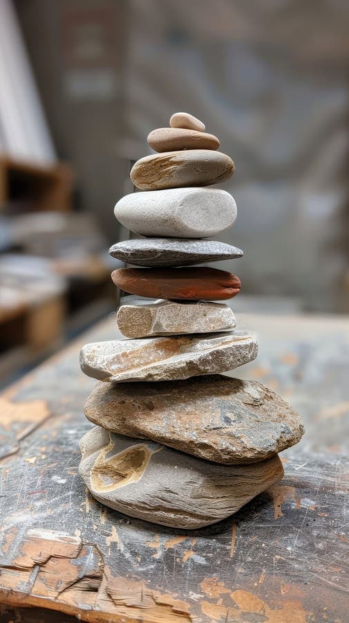 A Balanced Stack of Rocks Arranged Artfully on a Wooden Table in a ...
