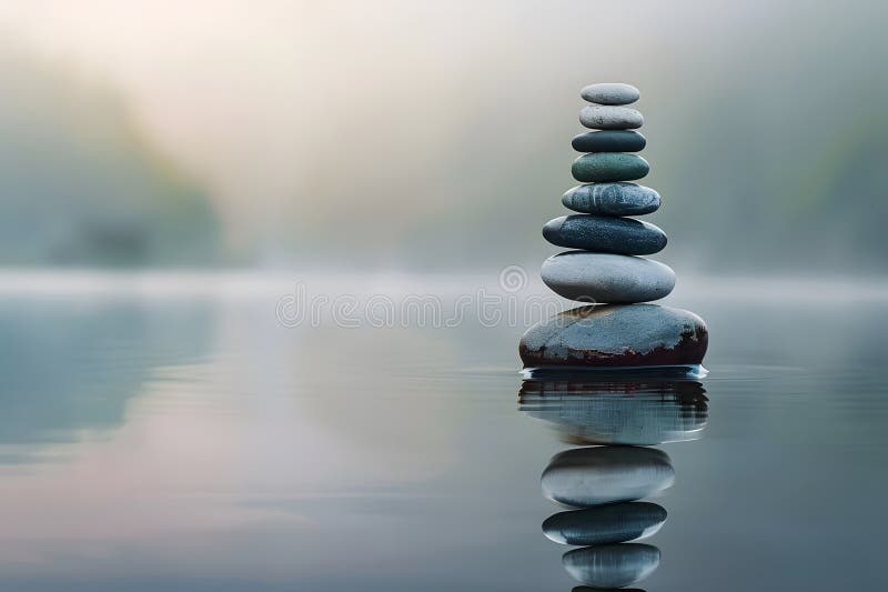 Balanced Stack of Rocks on Waterside for Meditation Banner Stock ...