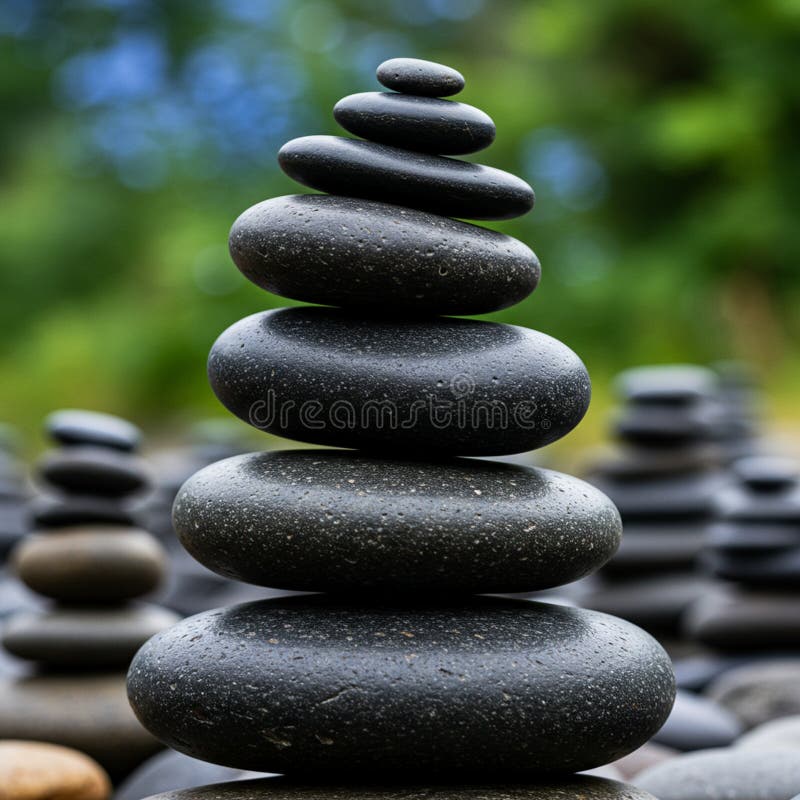 A Balanced Stack of Smooth, Black Stones Gradually Decreasing in Size Forms a Tower Stock ...