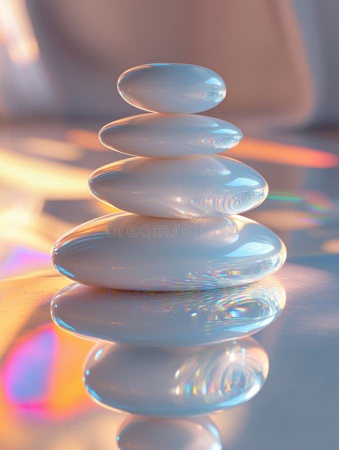 Balanced Stack of Smooth Pebbles on Glass Reflecting Vibrant Colors in ...