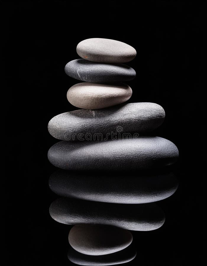 Balanced Stack of Smooth River Stones on Glossy Black Surface with ...