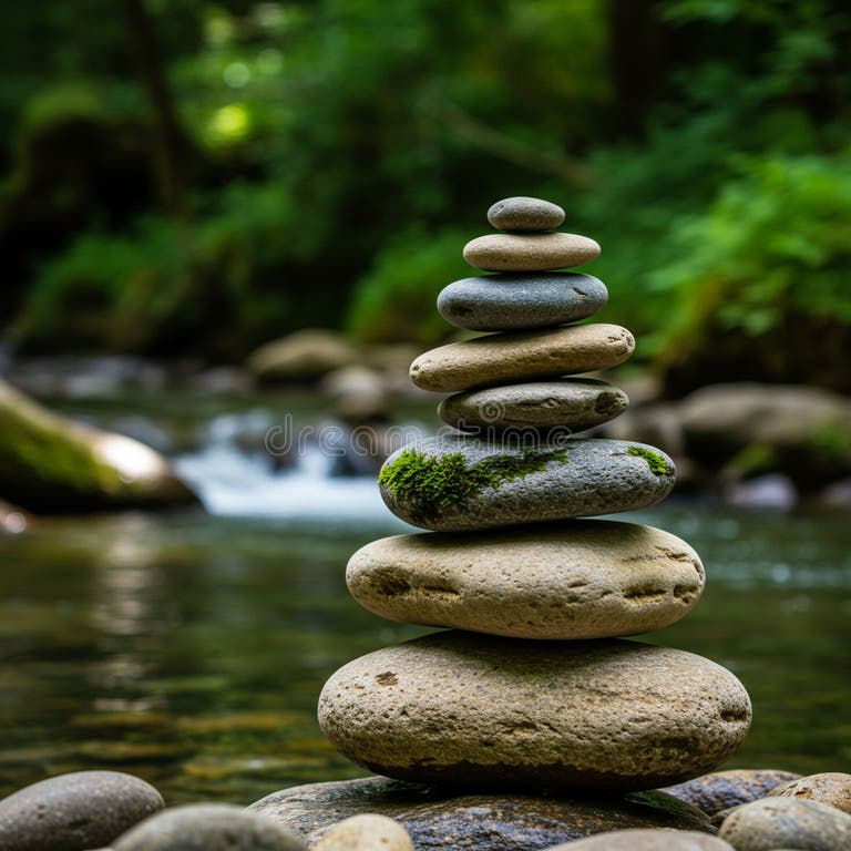 Balanced Stack of Smooth, Rounded Stones on a Riverbank. the Rocks Vary ...