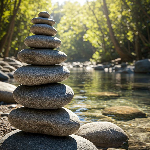 A Balanced Stack of Smooth, Rounded Stones is Set beside a Tranquil ...