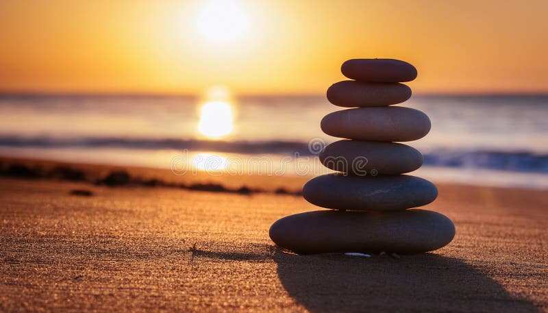 Balanced Stack of Smooth Stones on Beach at Sunset, Symbolizing Harmony ...