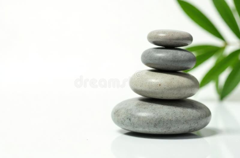 Balanced Stack of Smooth Stones with Green Leaf on White Background ...
