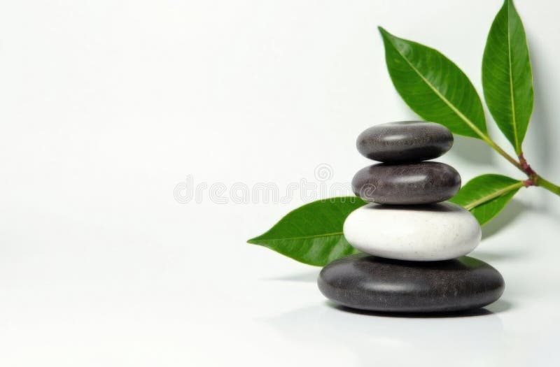 Balanced Stack of Smooth Stones with Green Leaf on White Background ...