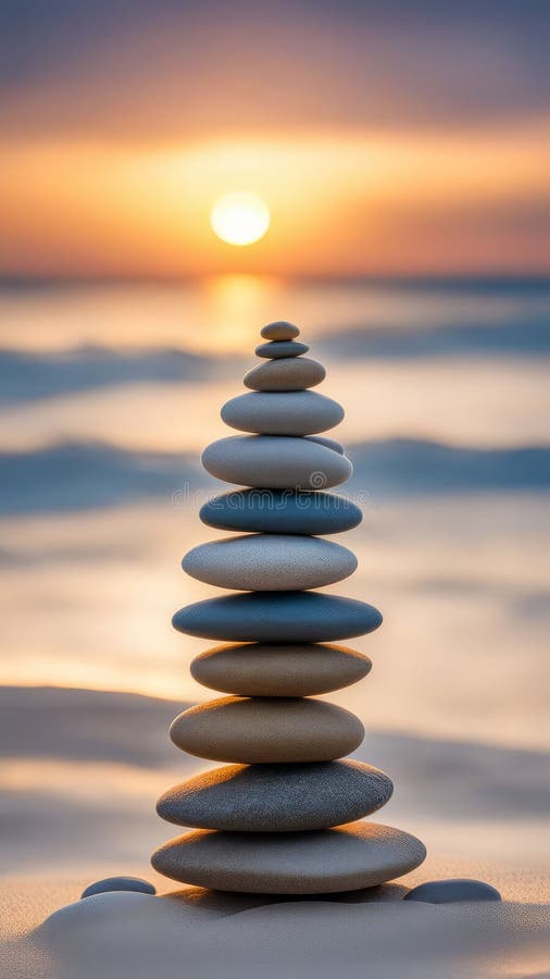Balanced Stack of Smooth Stones on Sandy Beach with Ocean Waves at ...