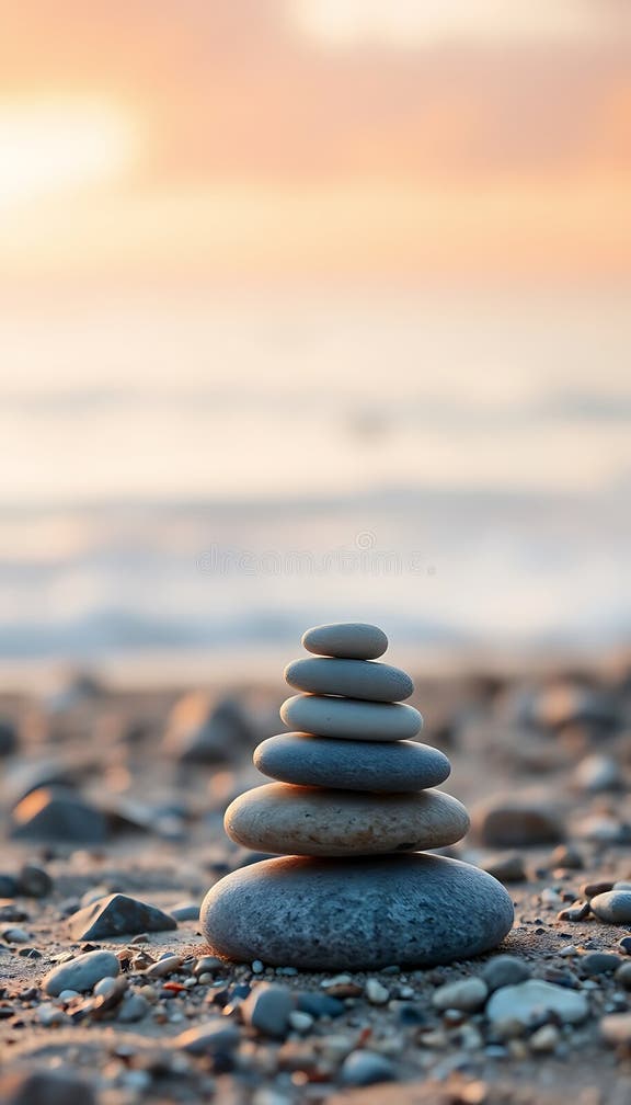 Balanced Stack of Smooth Stones on a Sandy Beach at Sunset Conveys ...