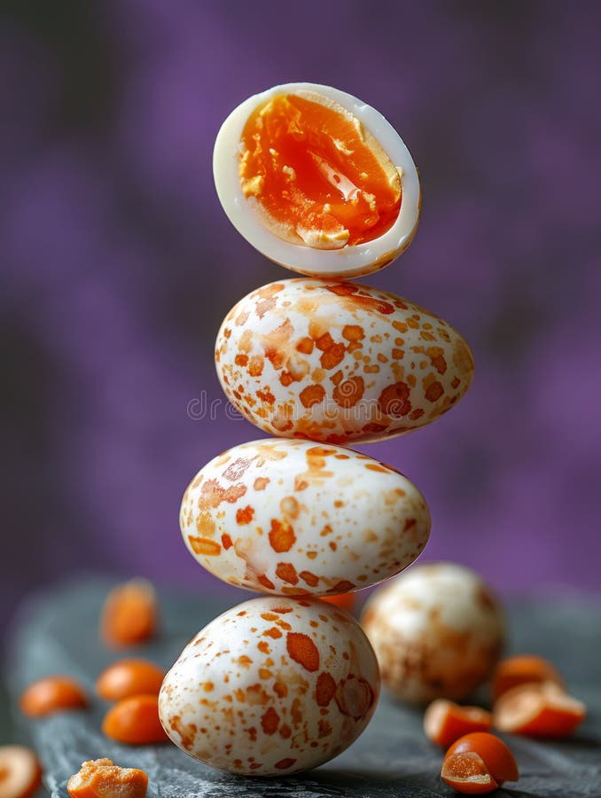 Balanced Stack of Spotted Quail Eggs with One Egg Cut Open Revealing ...
