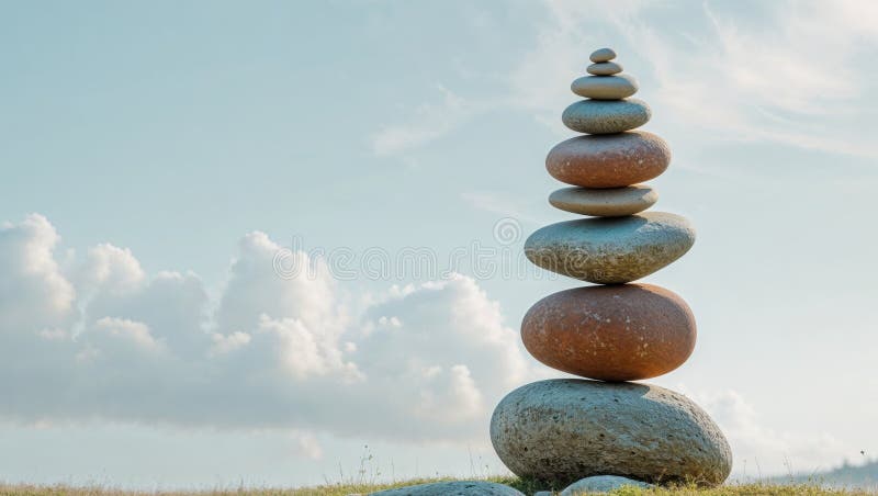 A Balanced Stack of Stones Stands in a Scenic Landscape View Stock ...