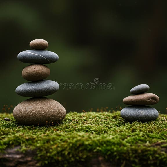 Balanced Stacks of Smooth, Rounded Stones Sit on Lush Green Moss. the ...