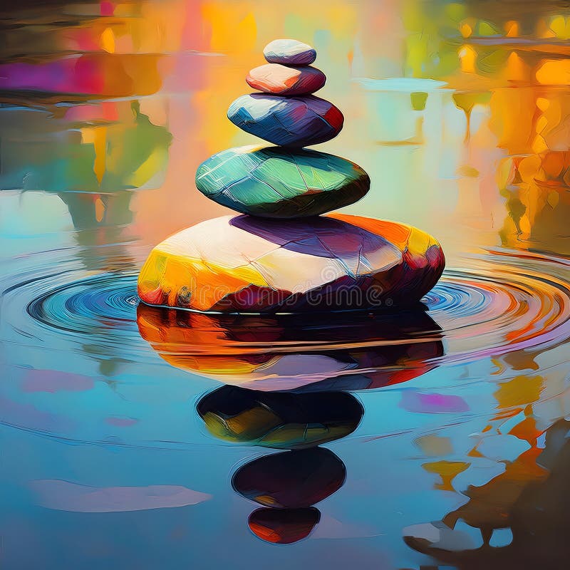Balanced Stacks of Stones are Reflected on the Calm Water Surface Oil ...