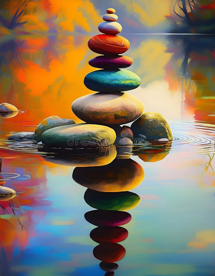 Balanced Stacks of Stones are Reflected on the Calm Water Surface Oil ...