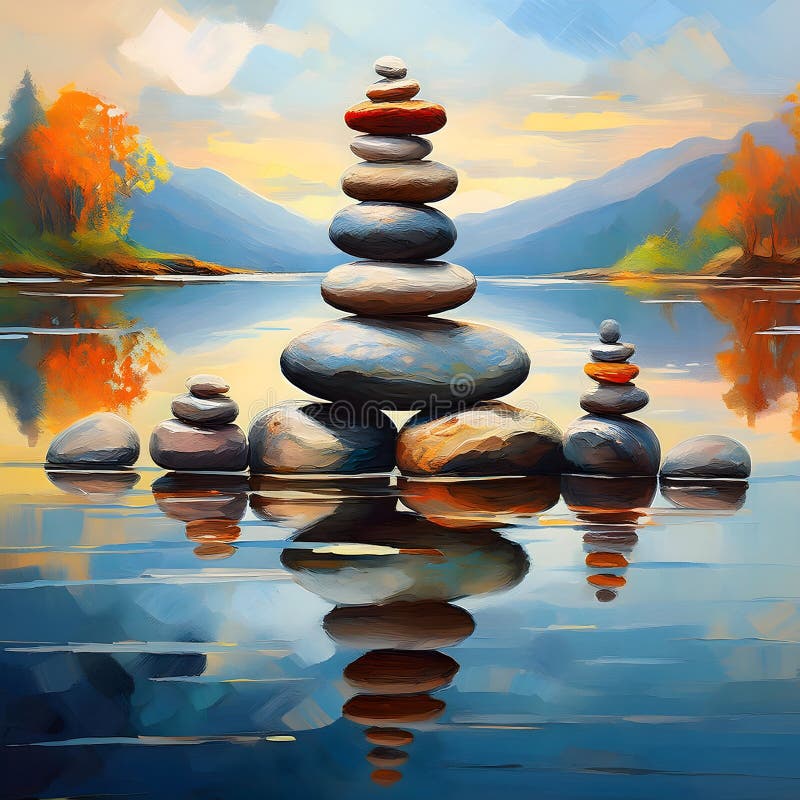 Balanced Stacks of Stones are Reflected on the Calm Water Surface Oil ...