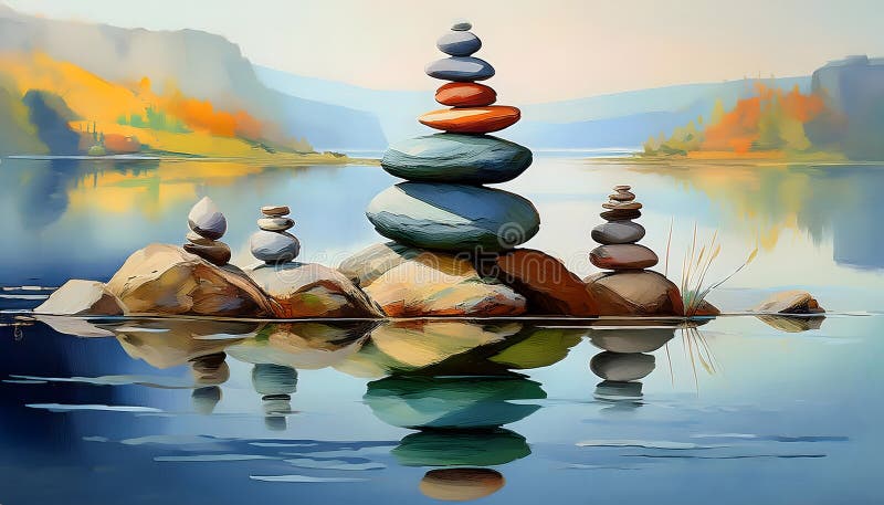 Balanced Stacks of Stones are Reflected on the Calm Water Surface Oil ...