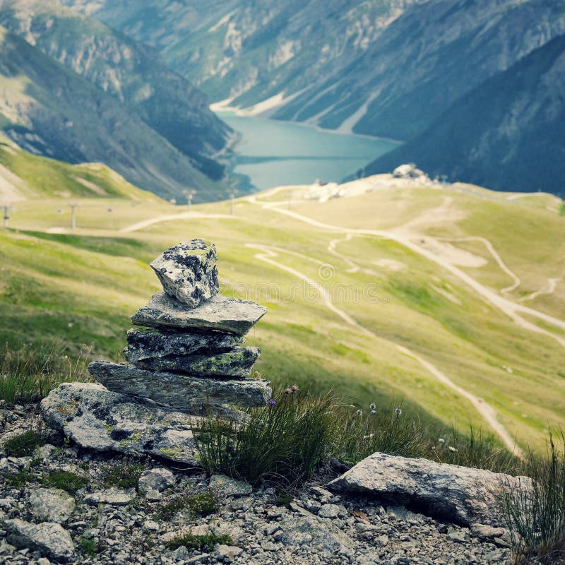 Balanced Stone Pyramid with Blue Water Mountain Lake Stock Photo ...