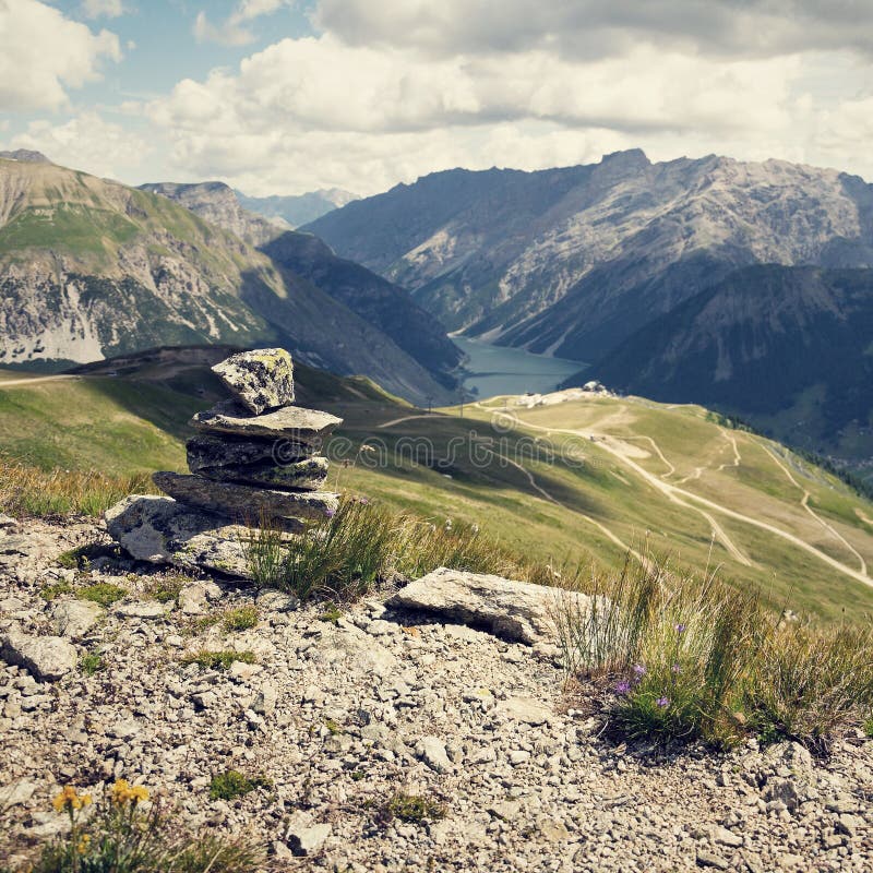 Balanced Stone Pyramid with Blue Water Mountain Lake Stock Image ...