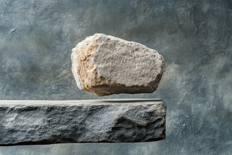 Balanced Stone Resting on a Ledge Against a Textured Blue Background in ...