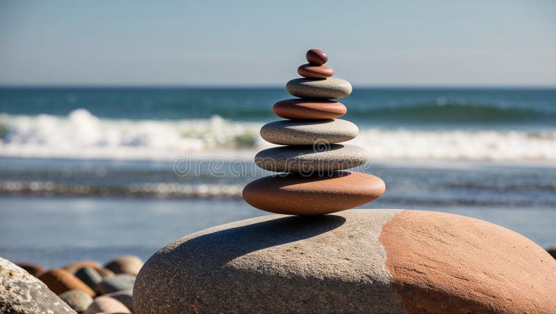 Balanced Stone Stack on a Beach with Waves in Background Stock ...