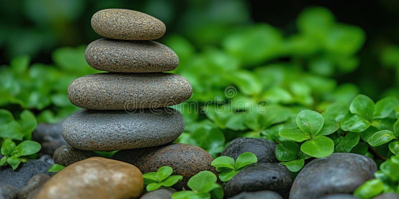 Balanced Stone Stack on Green Foliage Background for Relaxation and ...
