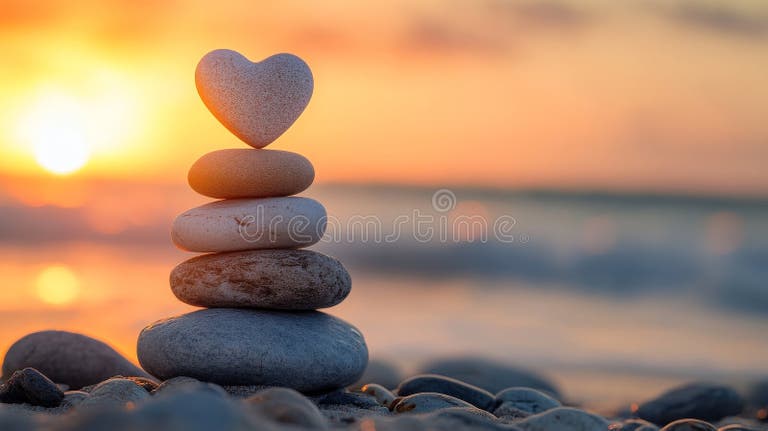 Balanced Stone Stack with Heart Shape at Sunset on a Beach, Tranquility ...