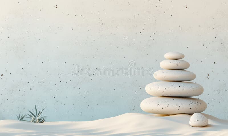 Balanced Stone Stack in Serene Desert Landscape with Soft Sand and ...