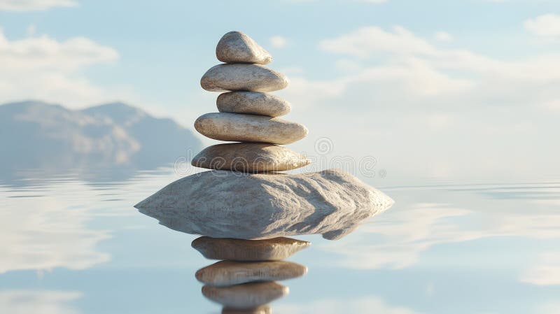 Balanced Stone Stacks on Tranquil Water Surface Reflect Stock ...