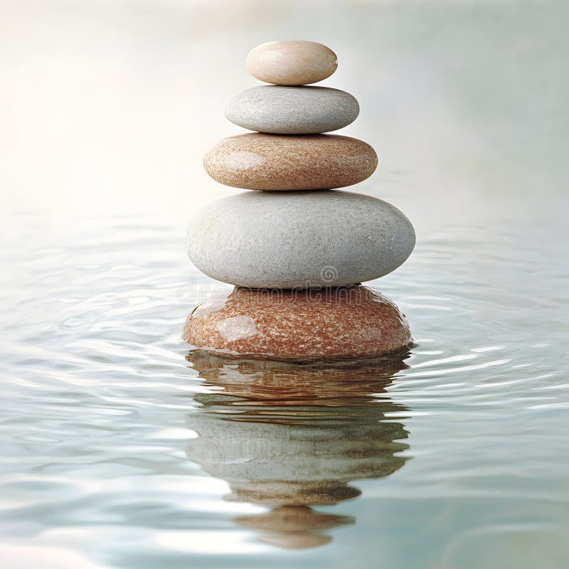 Balanced Stone Stacks on Tranquil Water Surface Reflect Stock ...